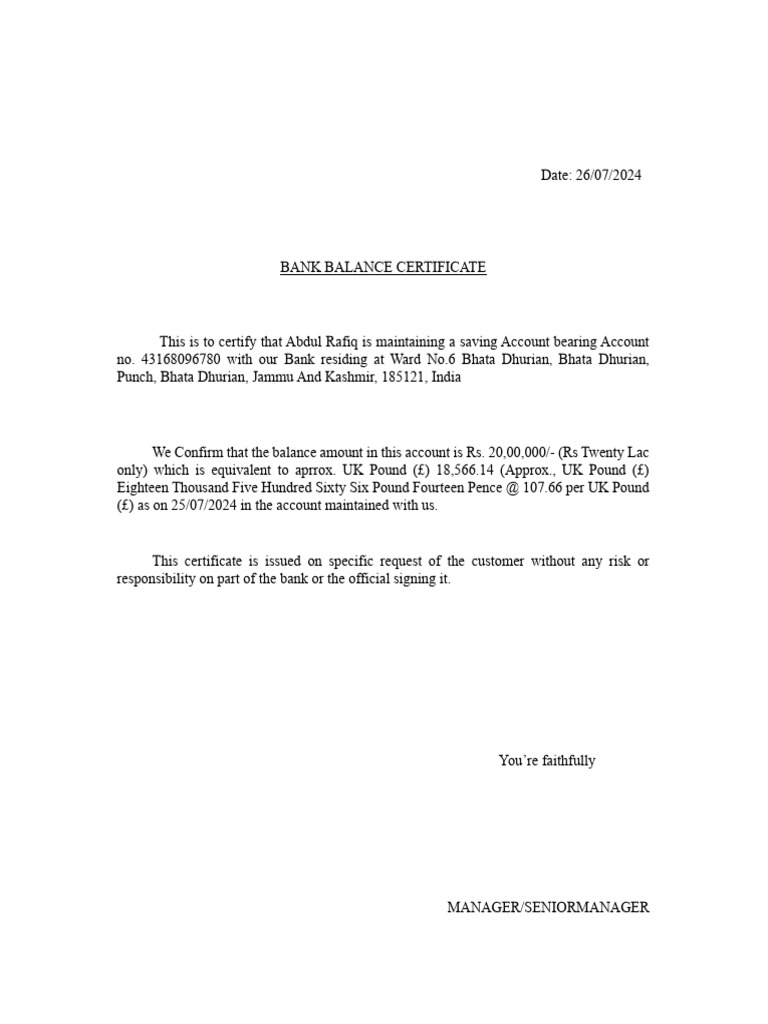 Abdu Rafiq Balance Certificate | PDF