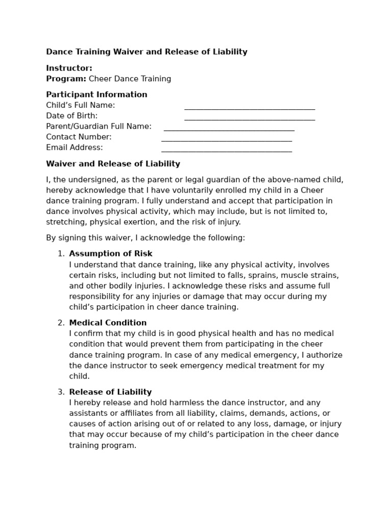 Dance Training Waiver and Release of Liability | PDF | Consent