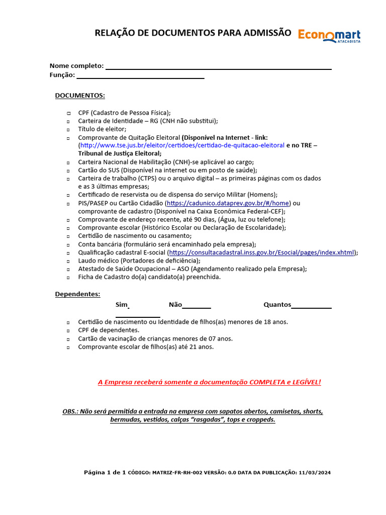 Lista Documento para Admissão | PDF