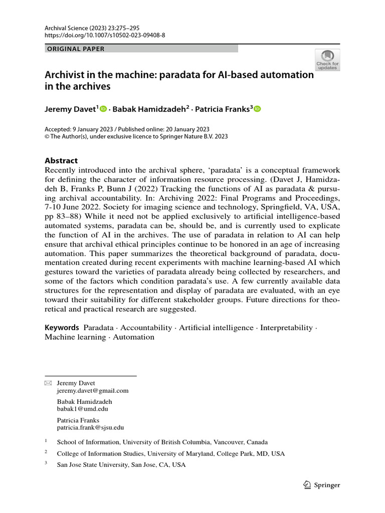 ARTIGO - Archivist in The Machine - Paradata For Al-Based Automation in The Archives | PDF ...