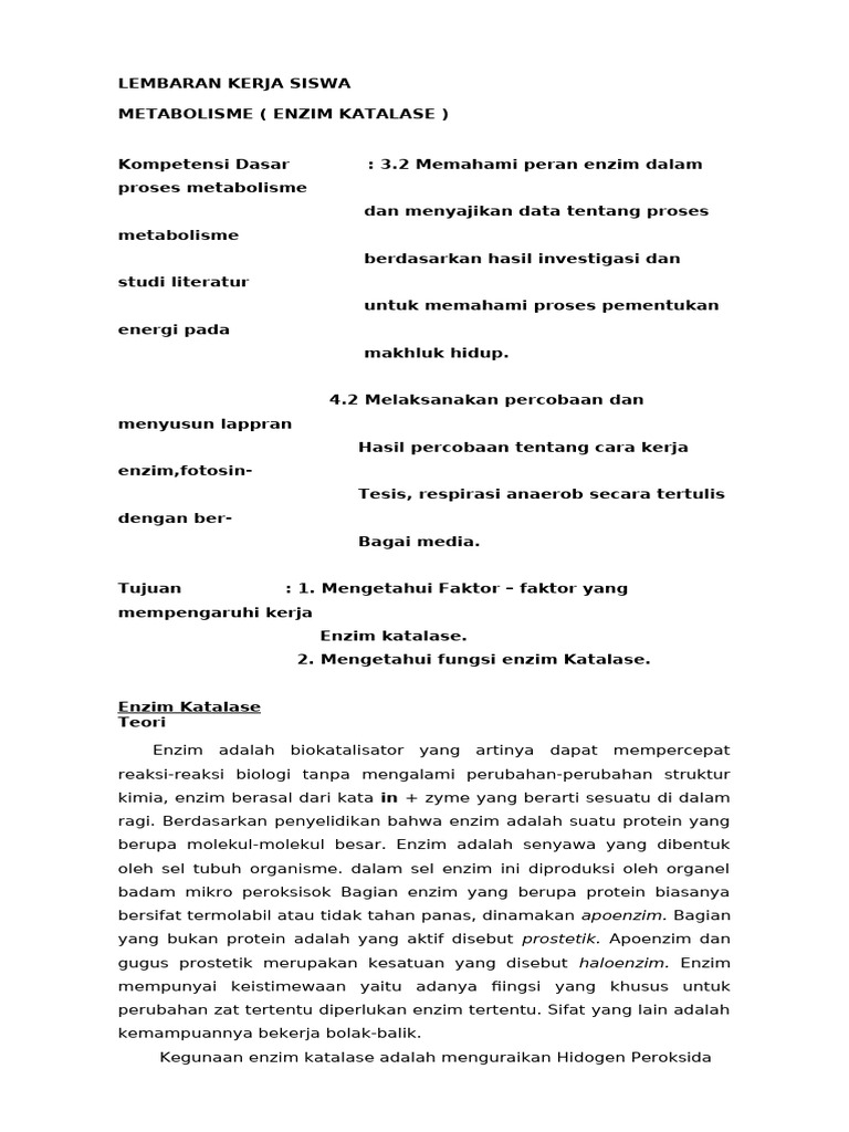 Metabolisme Enzim Katalase | PDF