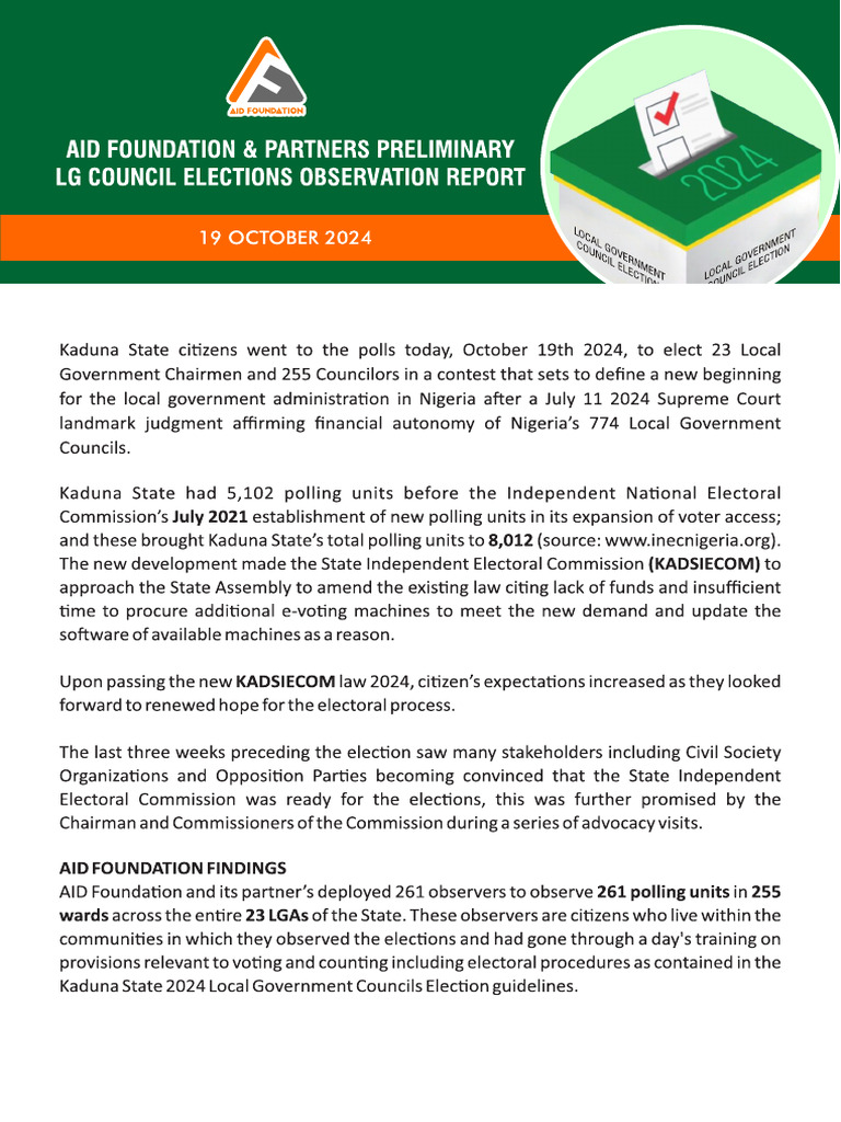 Aid Foundation & Partners Preliminary LG Council Elections Observation ...