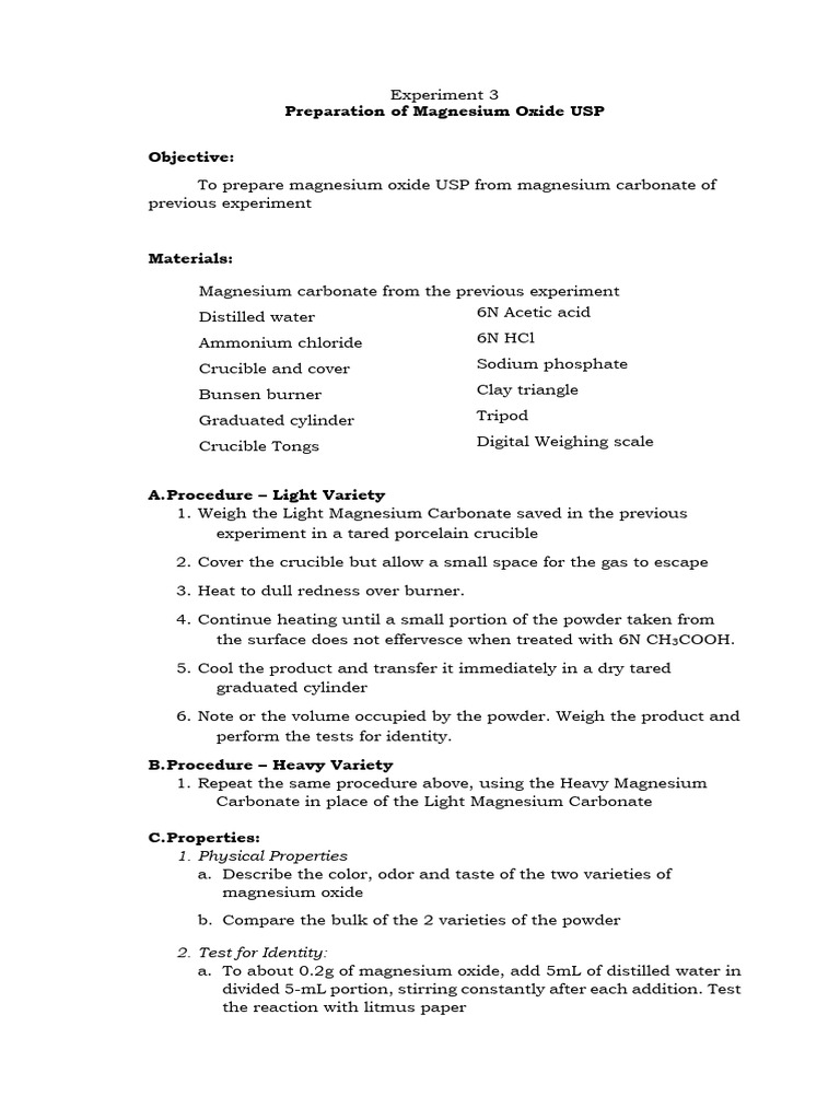 Activity 3 Preparation of Magnesium Oxide USP | PDF | Magnesium ...