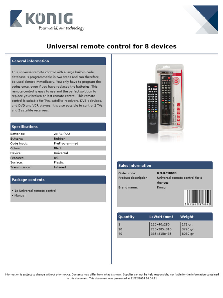 1 - Afstandsbedieningen Konig Universal Remote Control For 8 Devices KN ...