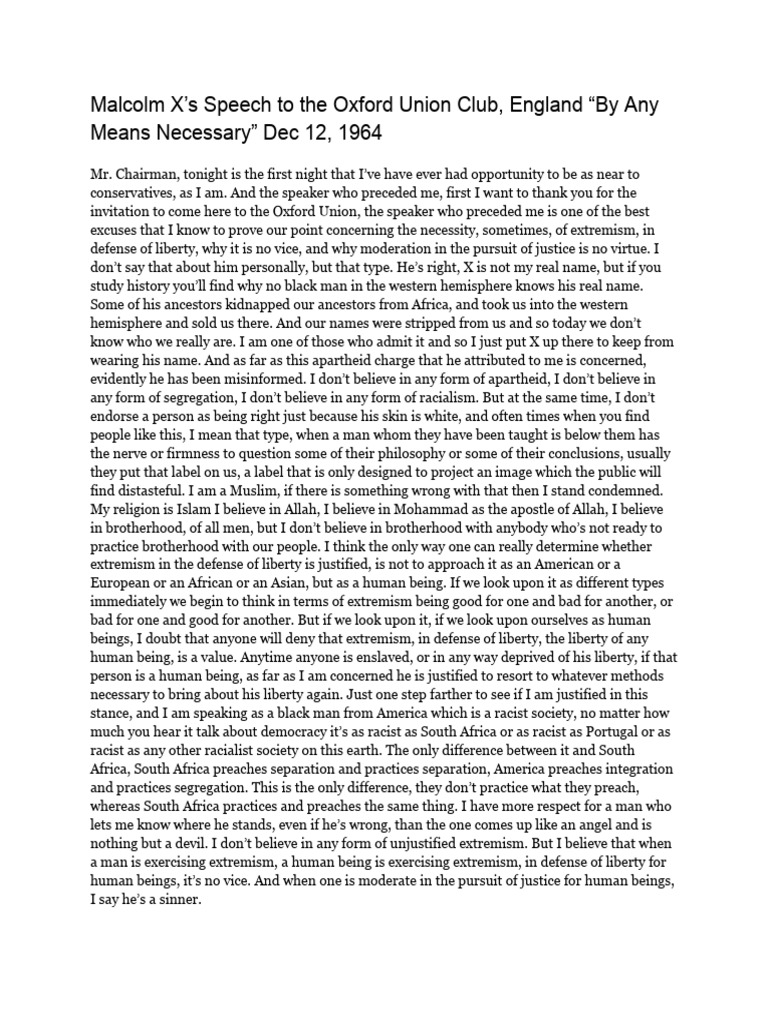 Malcolm X's Speech To The Oxford Union Club, England "By Any Means ...