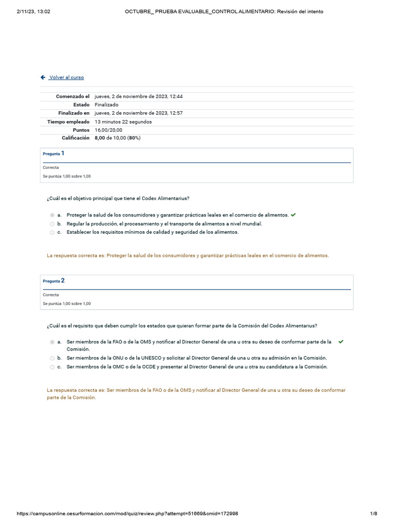 OCTUBRE - PRUEBA EVALUABLE - CONTROL ALIMENTARIO - Revisión Del Intento | PDF | Alimentos ...