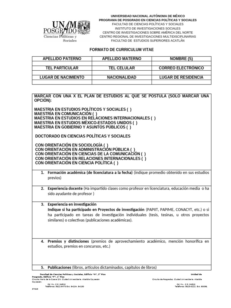 PPCPyS Conv 2022 Formato CV 201204 | PDF | Maestros | Educación más alta
