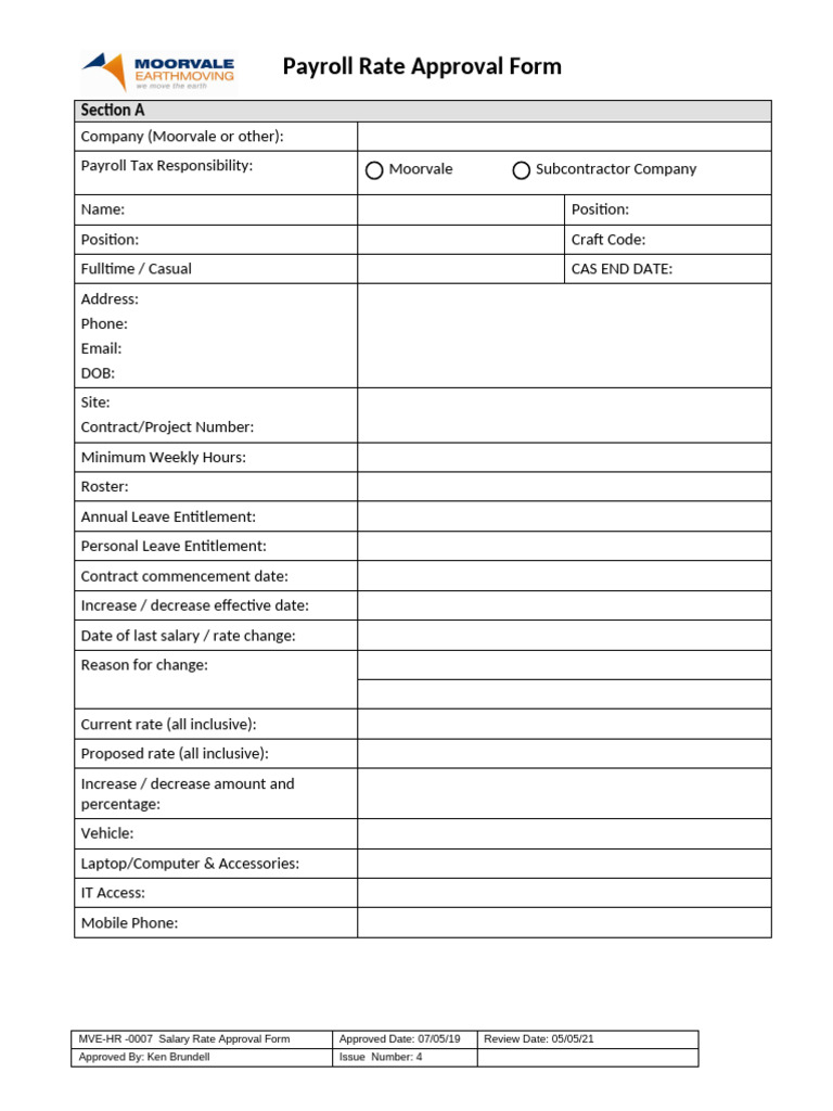 MVE-HR-0007 Payroll Rate Approval Form v4 | PDF | Payroll | Government ...