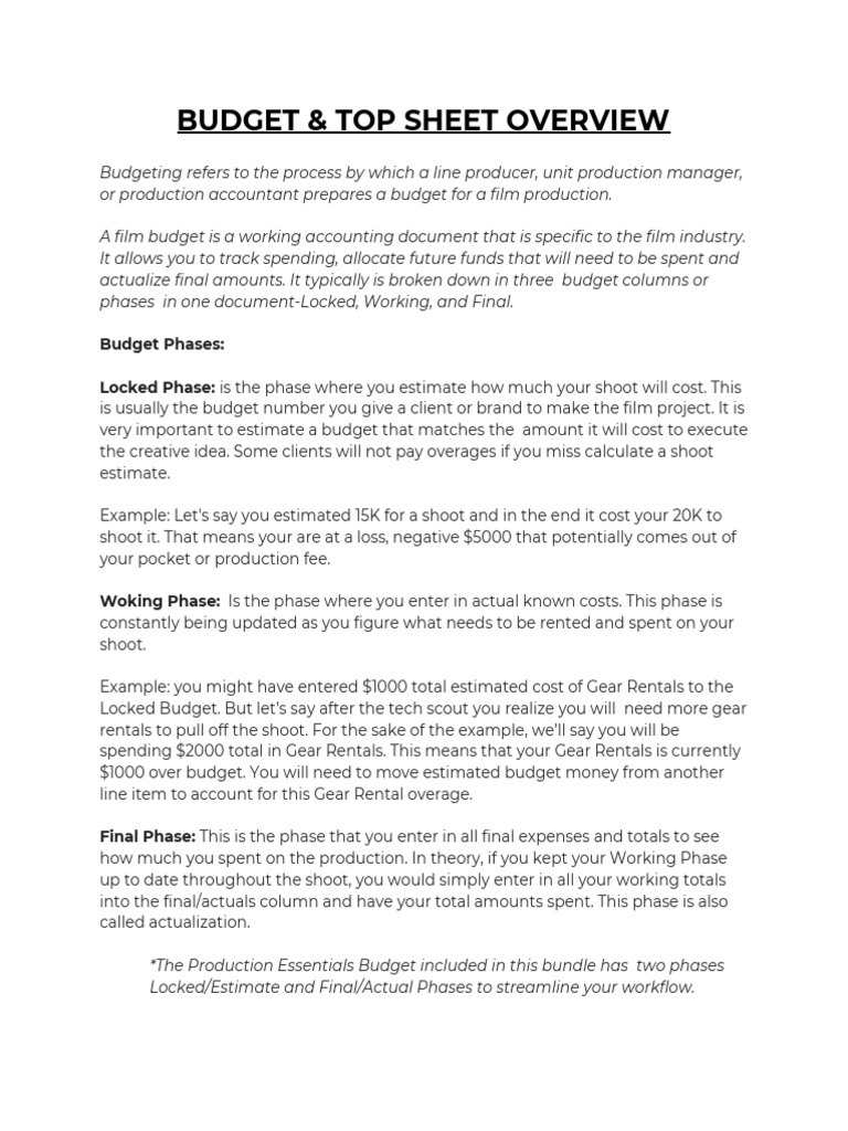 Budget - Topsheet Overview | PDF