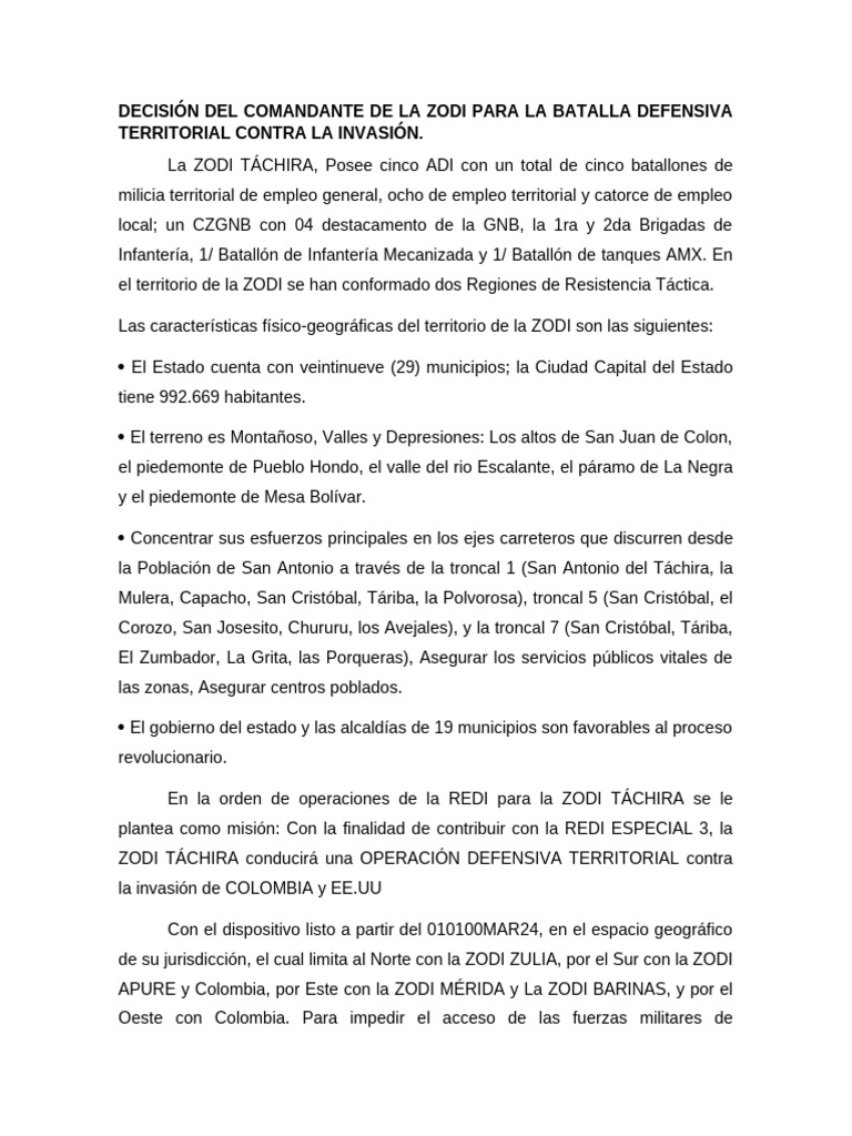 Defensa Territorial en ZODI Táchira | PDF | Infantería | Batallón