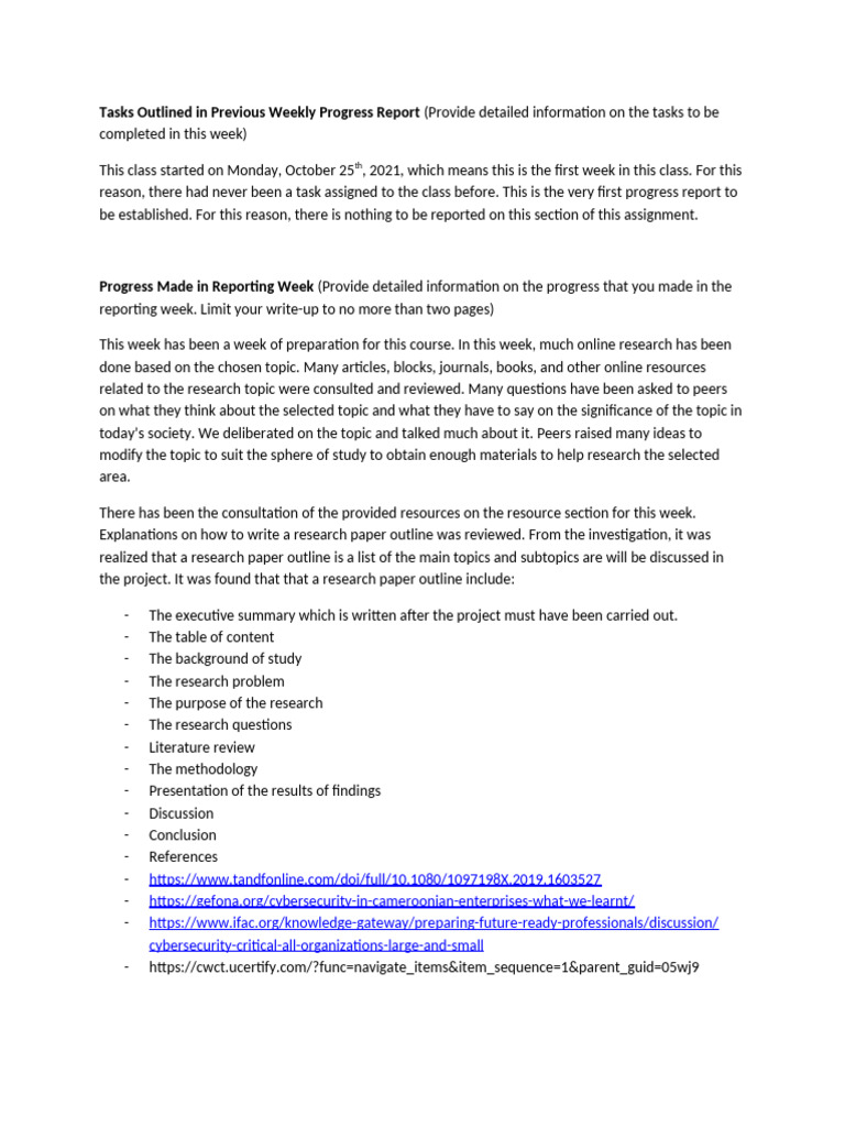 Tasks Outlined in Previous Weekly Progress Report | PDF