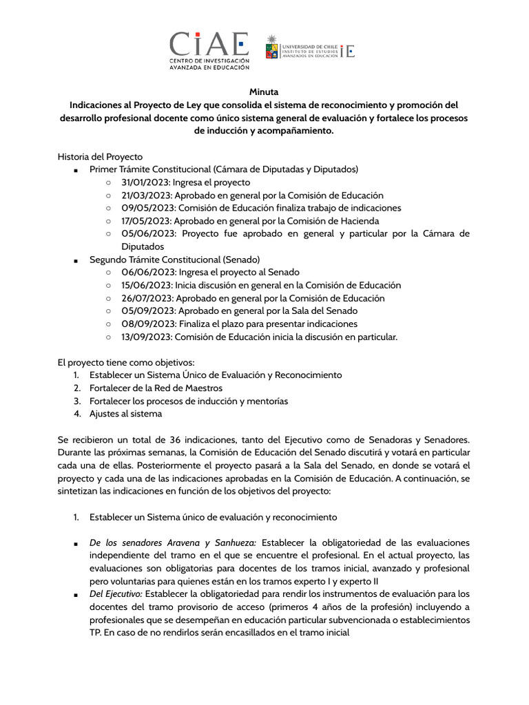 Minuta - Indicaciones al proyecto de evaluacion docente | PDF | Evaluación | Enseñando