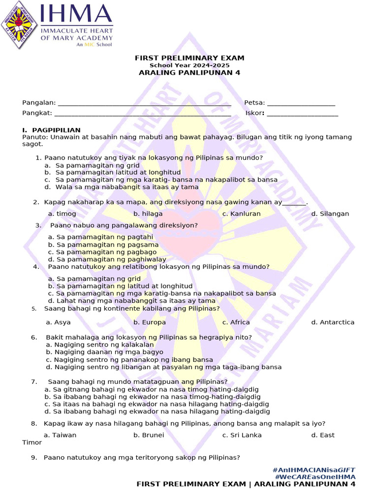1st Preliminary Exam AP 4 | PDF