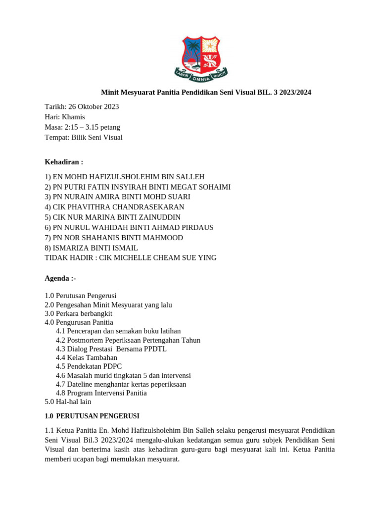Minit Mesyuarat Panitia Pendidikan Seni Visual Bil.2 | PDF