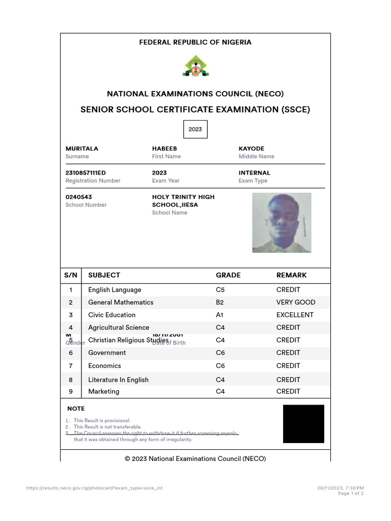 NECO Results Portal | PDF | Educational Stages | Qualifications