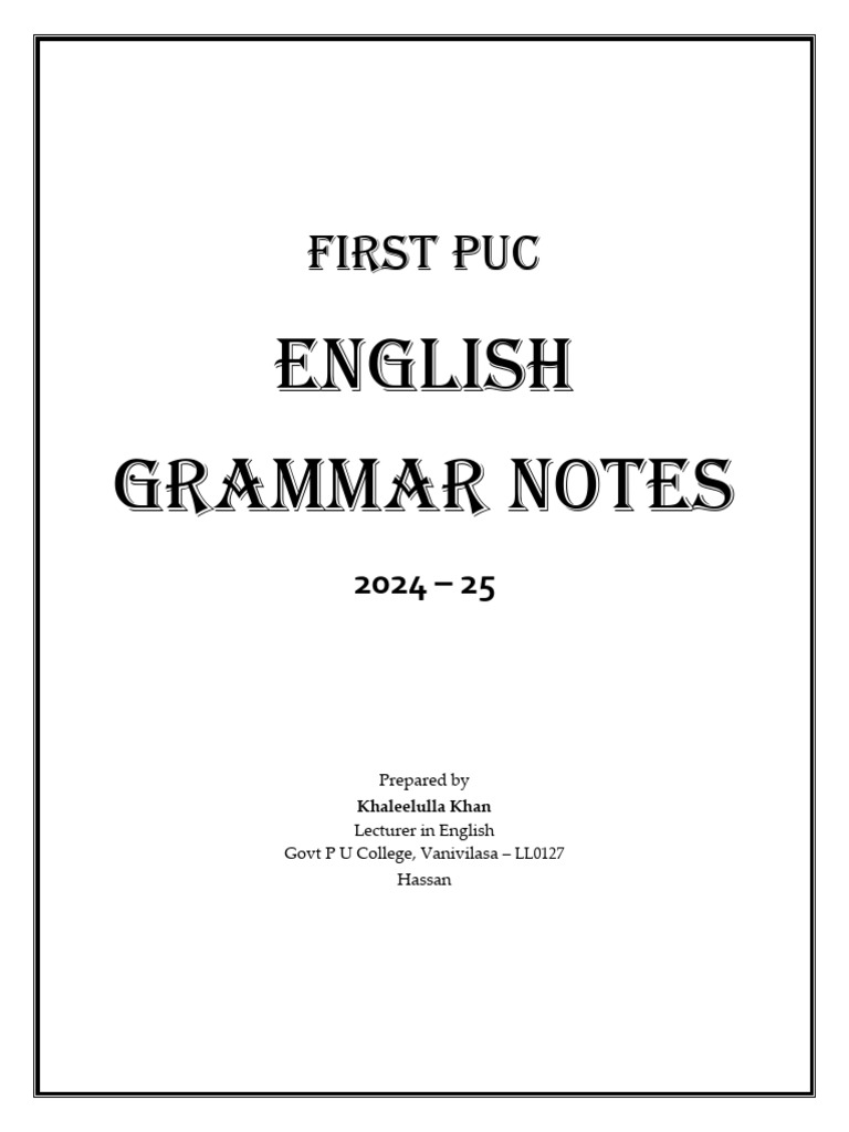 First PUC Grammar Notes | PDF | Noun | Verb