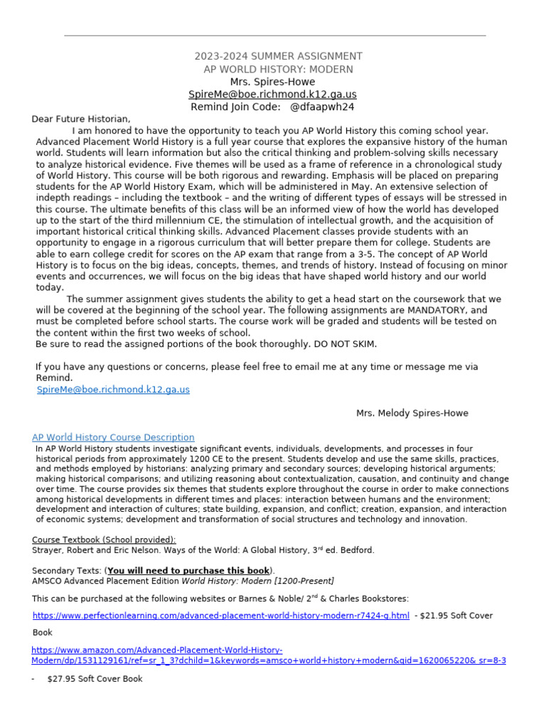 AP World History Summer Assignment 2023 | PDF | Advanced Placement ...