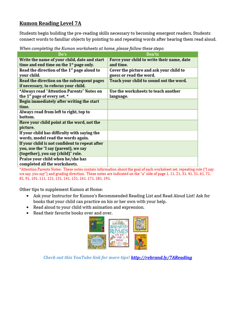 Kumon Reading Level 7A Tip Sheet | PDF