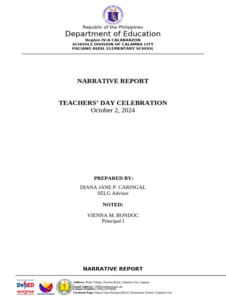 Narrative Report Teachers Day Celebration 2024 | PDF | Learning