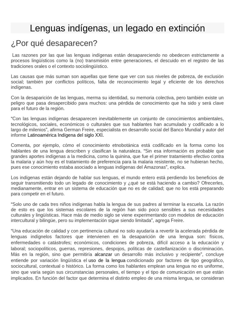 Desaparición de lenguas indígenas: causas y consecuencias | PDF ...