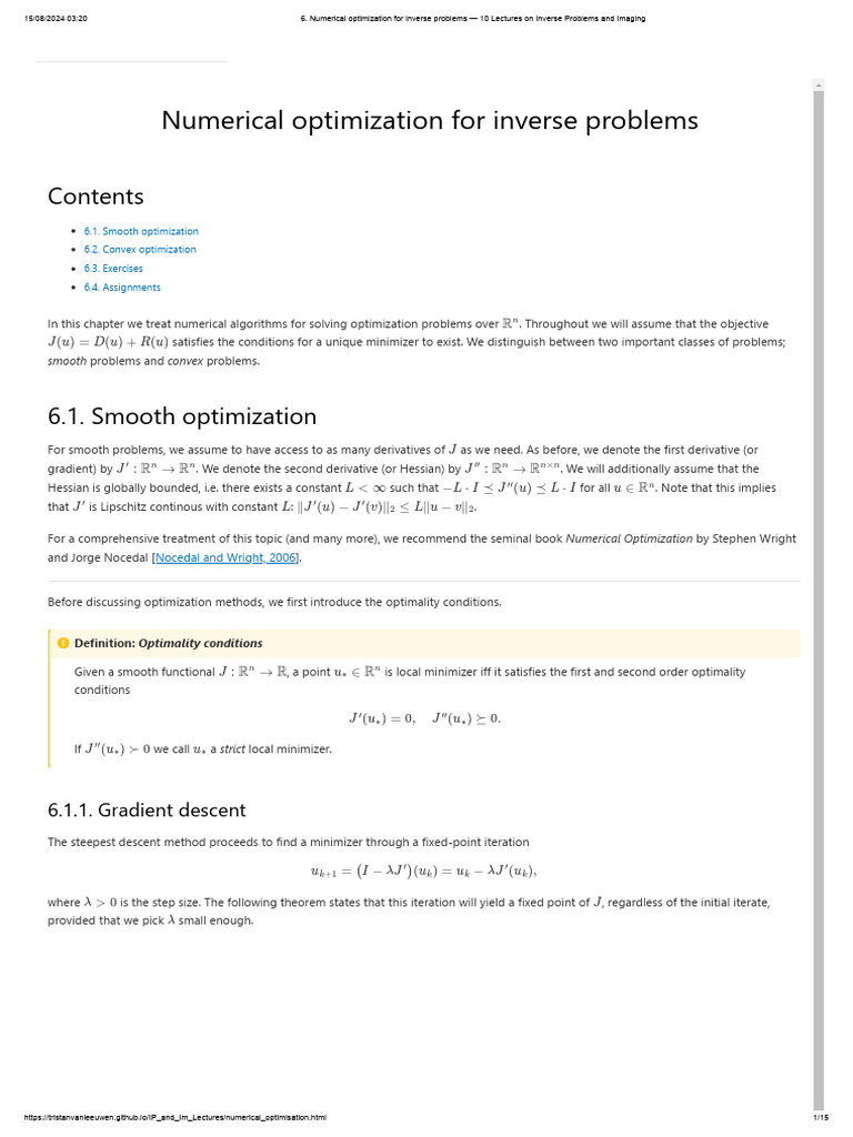 Numerical Optimization For Inverse Problems 10 Lectures On Inverse