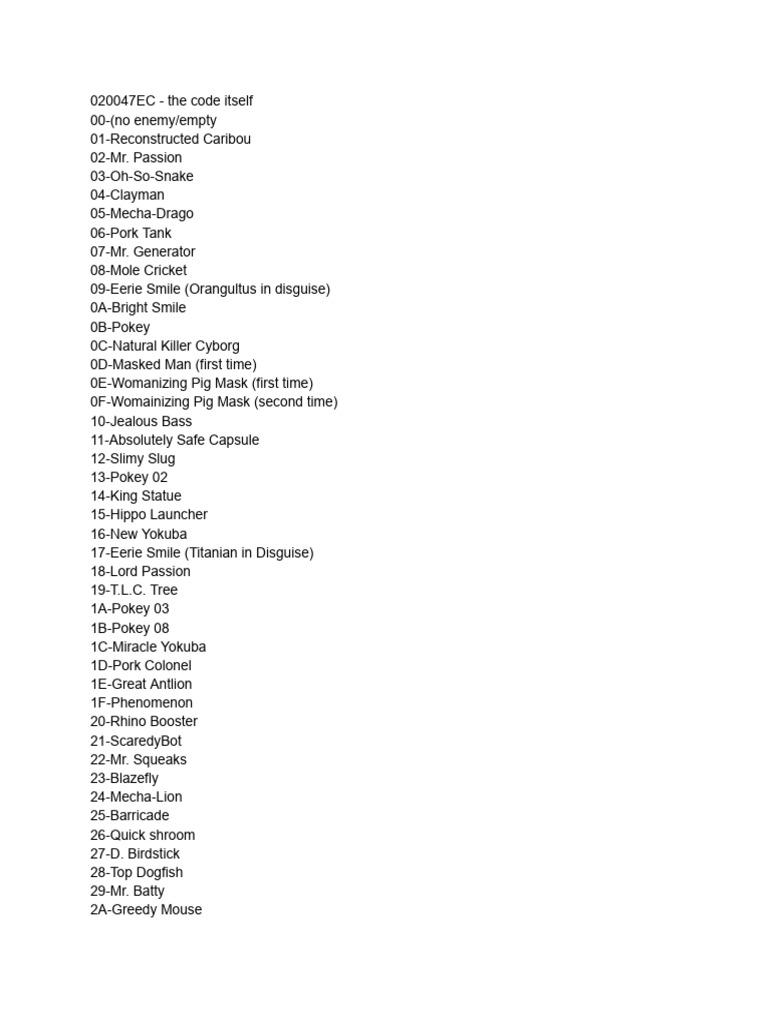 Mother 3 Battle Enemy Codes | PDF