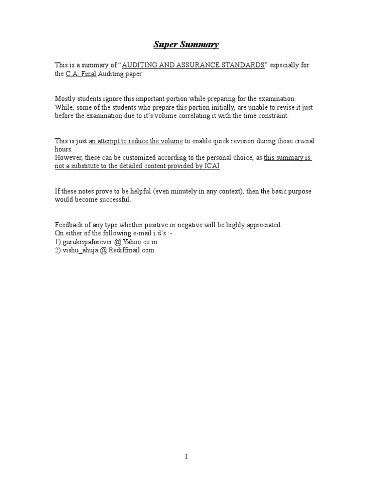 Super Summary Auditing Assurance Standardss | PDF