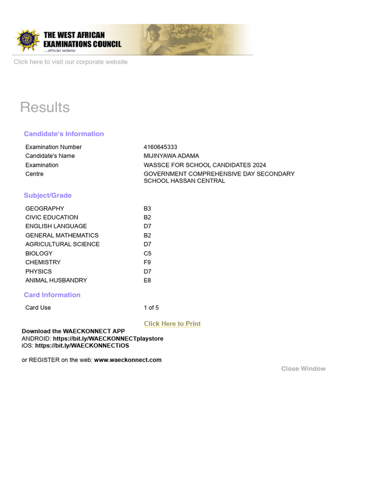 Waecdirect Online - Results | PDF