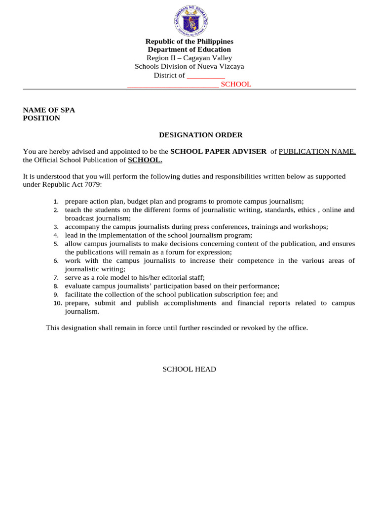 Designation-of-School Paper Advisers | PDF | Journalism