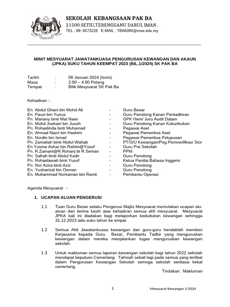 Contoh Minit Mesyuarat Jawatankuasa Pengurusan Kewangan Dan Akaun | PDF