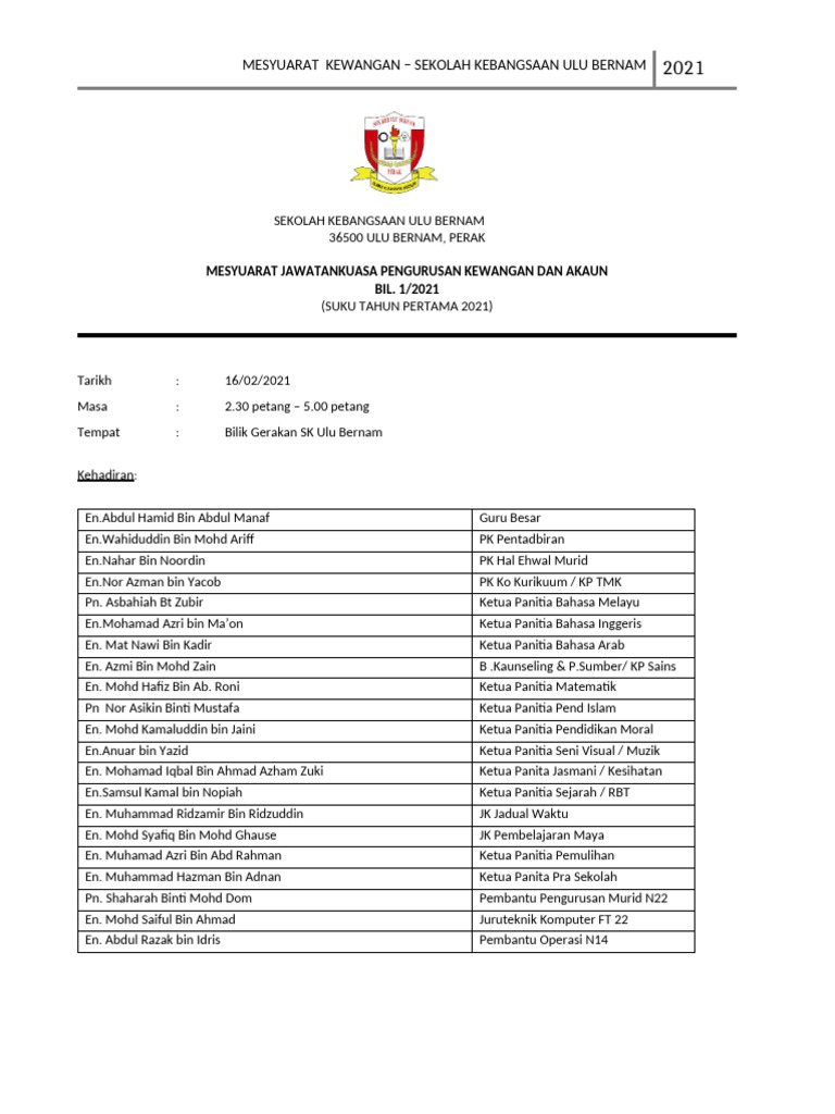 Minit Mesyuarat KEW, JPKA Bil.1 Tahun 2021-Maybank | PDF