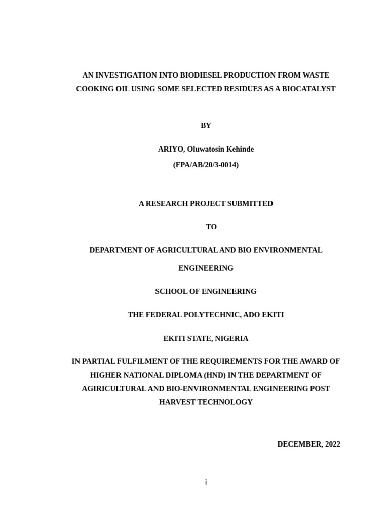 Ariyo Tosin Kehinde Front Pagess | PDF | Biodiesel | Analysis Of Variance