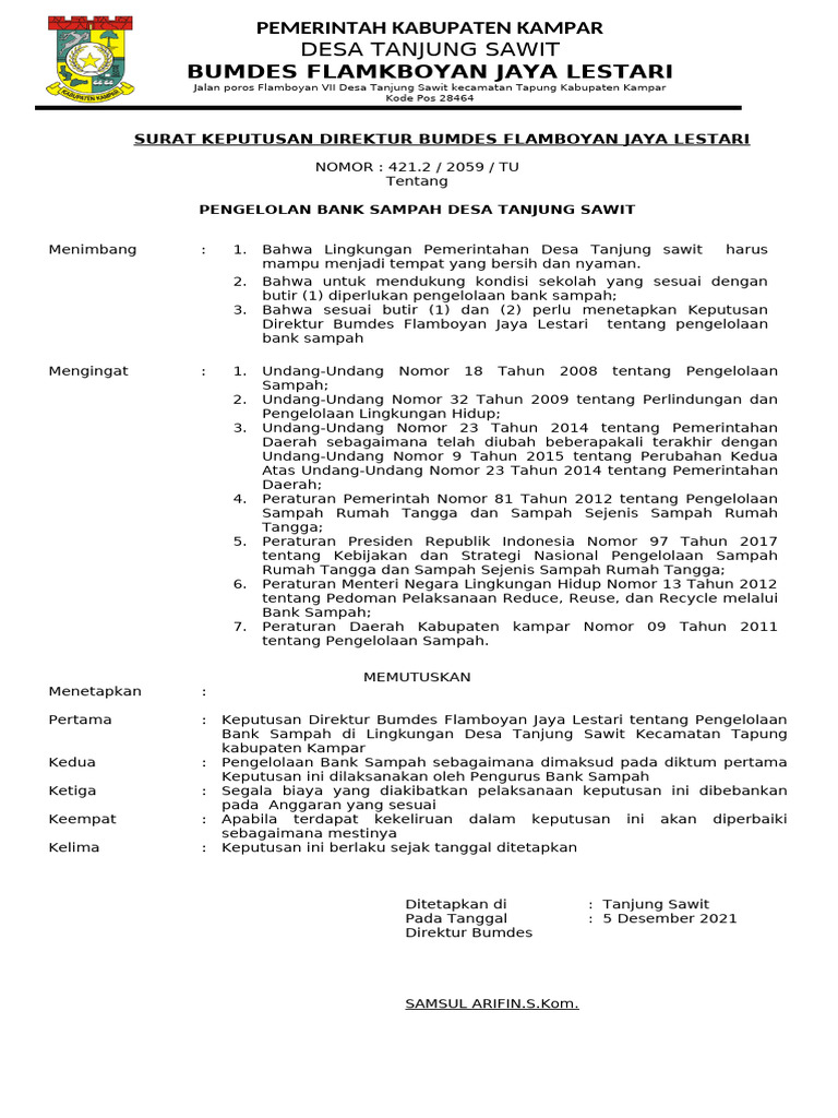 SK Pengelola Bank Sampah | PDF