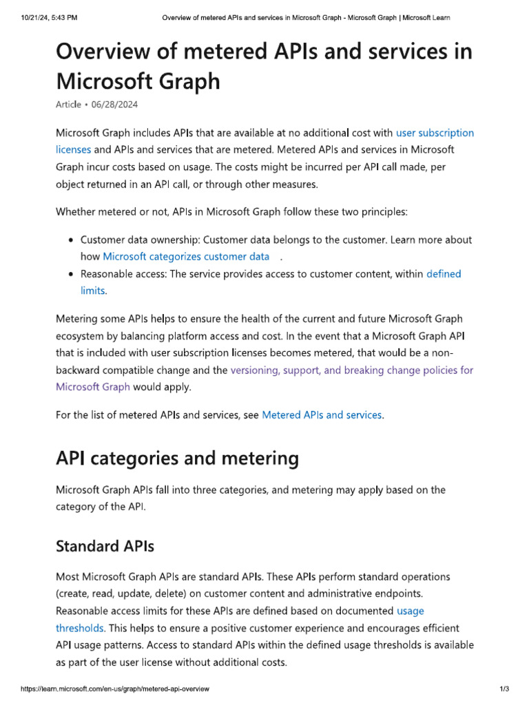 Overview of metered APIs and services in Microsoft Graph | PDF Overview of metered APIs and services in Microsoft Graph | PDF