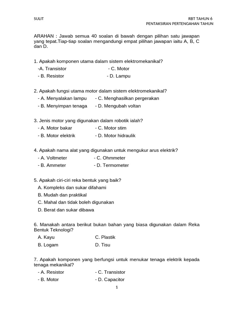 Soalan RBT 2024 Tahun 6 | PDF