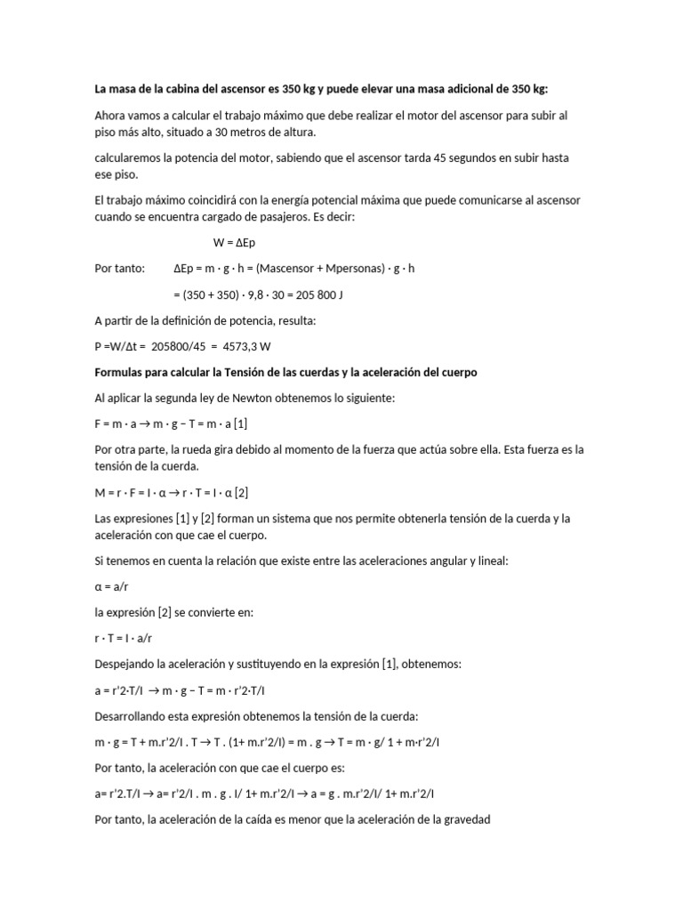 Cálculo de Potencia y Fuerzas en Ascensor | PDF