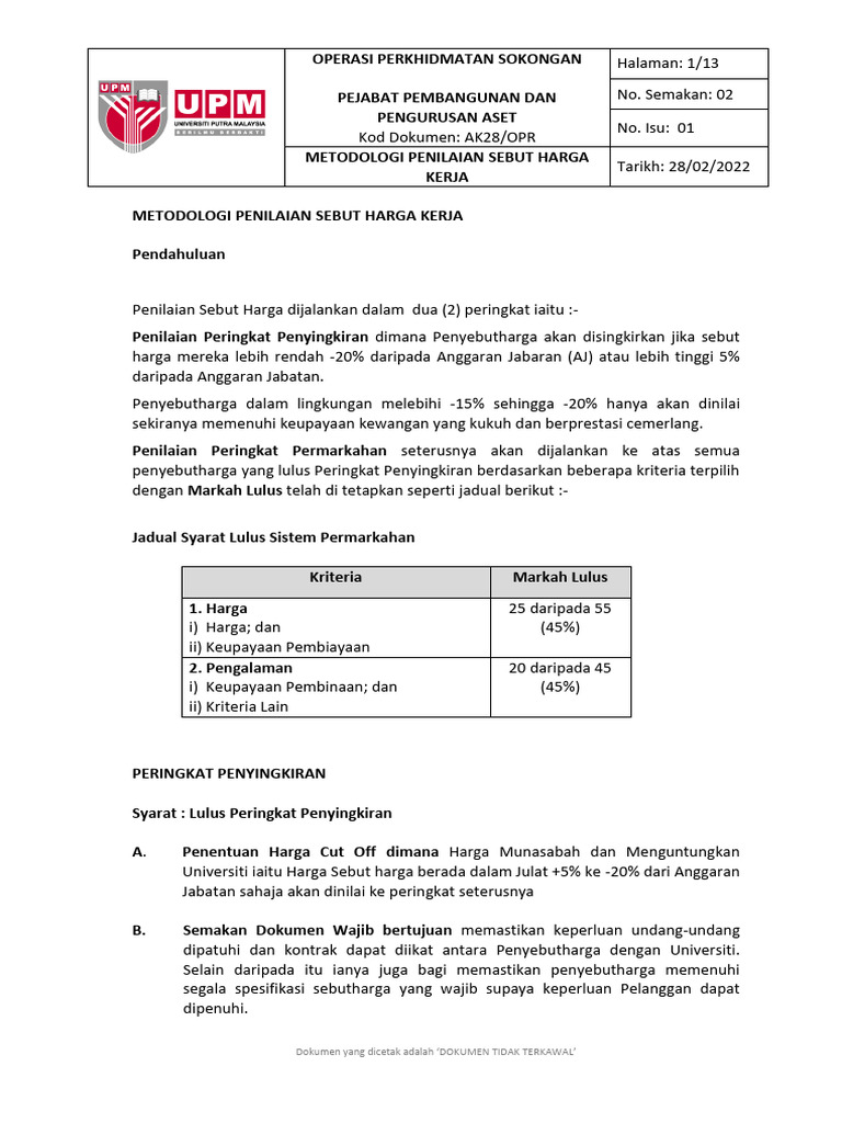 Metodologi Penilaian Sebutharga Kerja (Upm) | PDF
