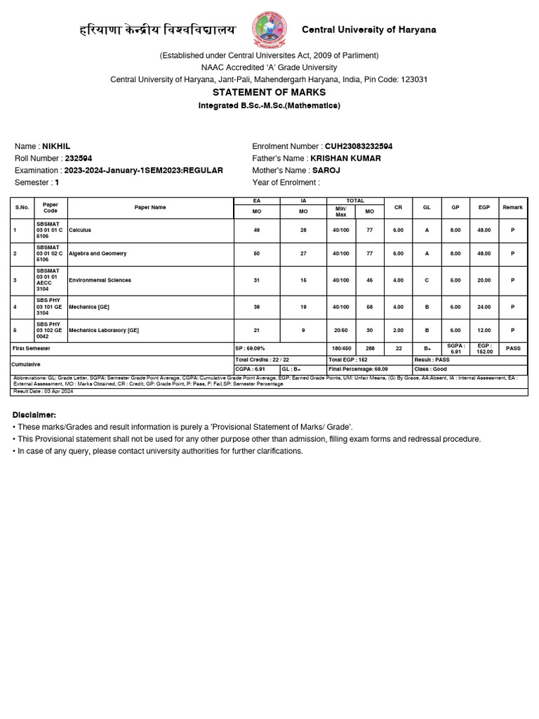 Integrated B.Sc.-M.Sc. (Mathematics) - YearSession - 2023-2024-January-1SEM2023 - REGULAR - Term ...
