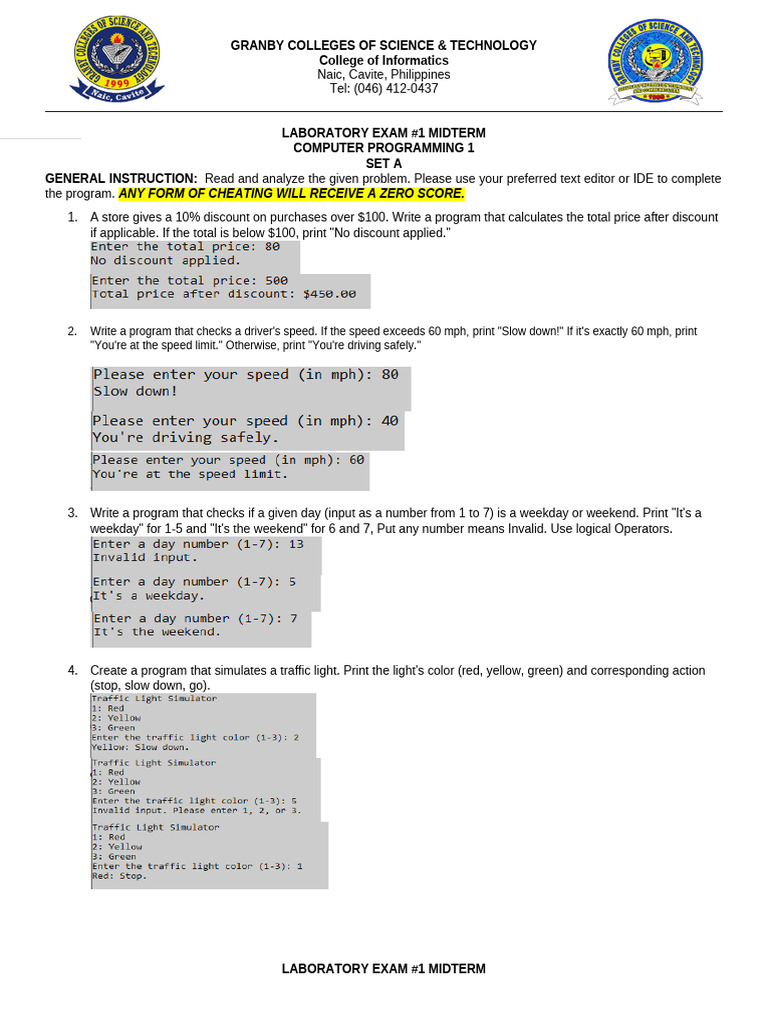Computer Programming Midterm Exam Tasks | PDF | Computer Science | Computing