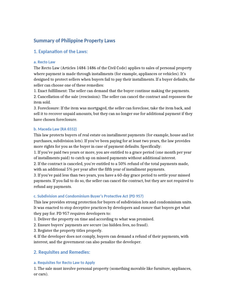 Philippine Property Laws Summary | PDF | Foreclosure | Consent