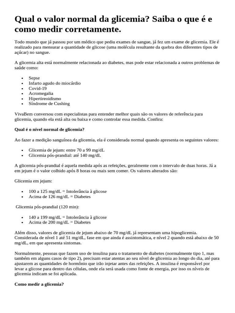 Qual o Valor Normal Da Glicemia | PDF | Hipoglicemia | Diabetes