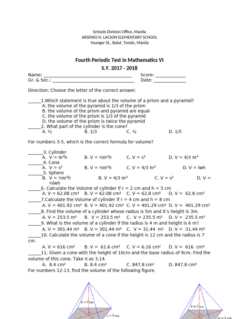 4th Periodic Test in Math | PDF | Volume | Euclidean Geometry
