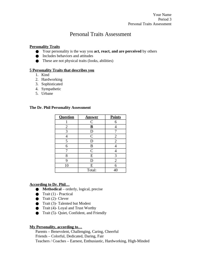 Personal Traits Assessment-1 | PDF