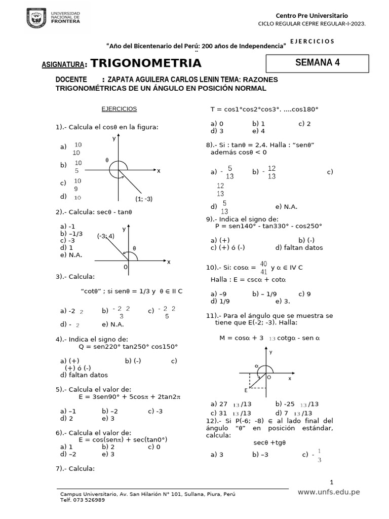 4.trigo EJERCICIOS-RAZONES TRIGONOMETRICAS DE 1ANGULO EN POSICION NORMAL | PDF | Geometría ...