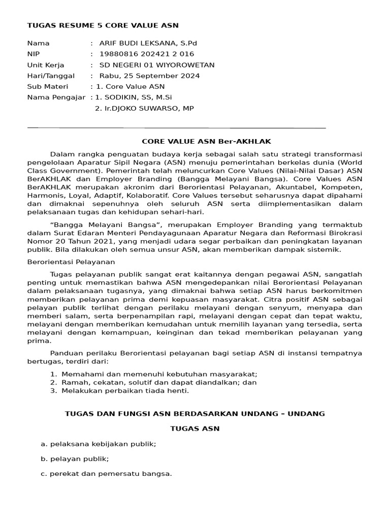 Tugas Resume 5 (Core Value Asn' Ber-Akhlak) - Arif Budi Leksana, S.pd ...