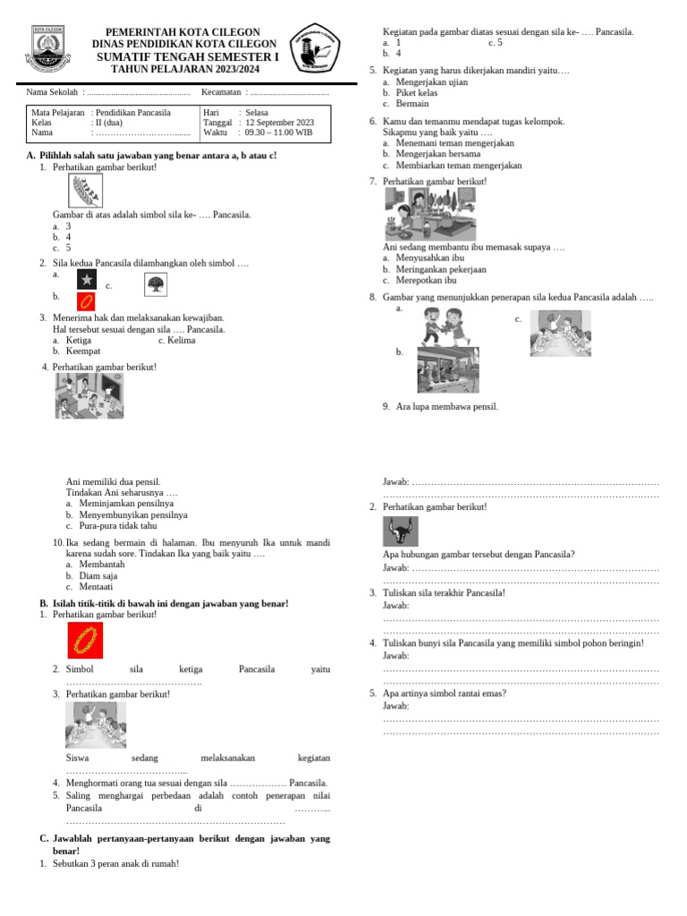 Soal PKN Kelas 2: Pancasila Semester 1 | PDF