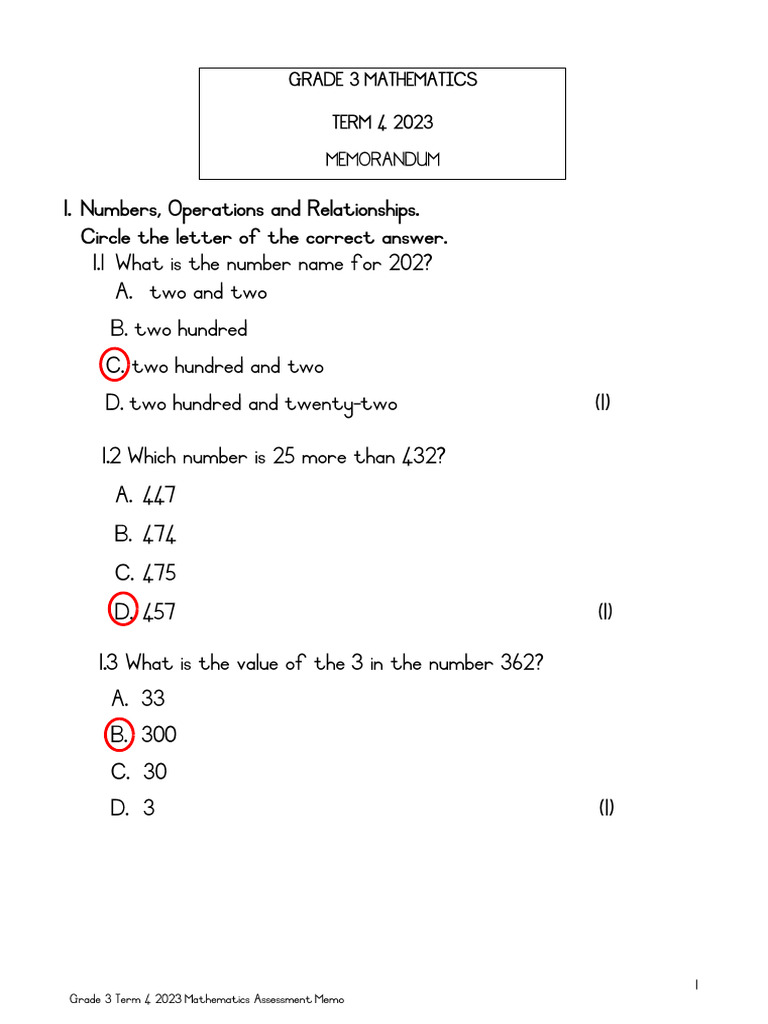 GRADE 3 Term 4 2023 Mathematics Assessment Memo | PDF