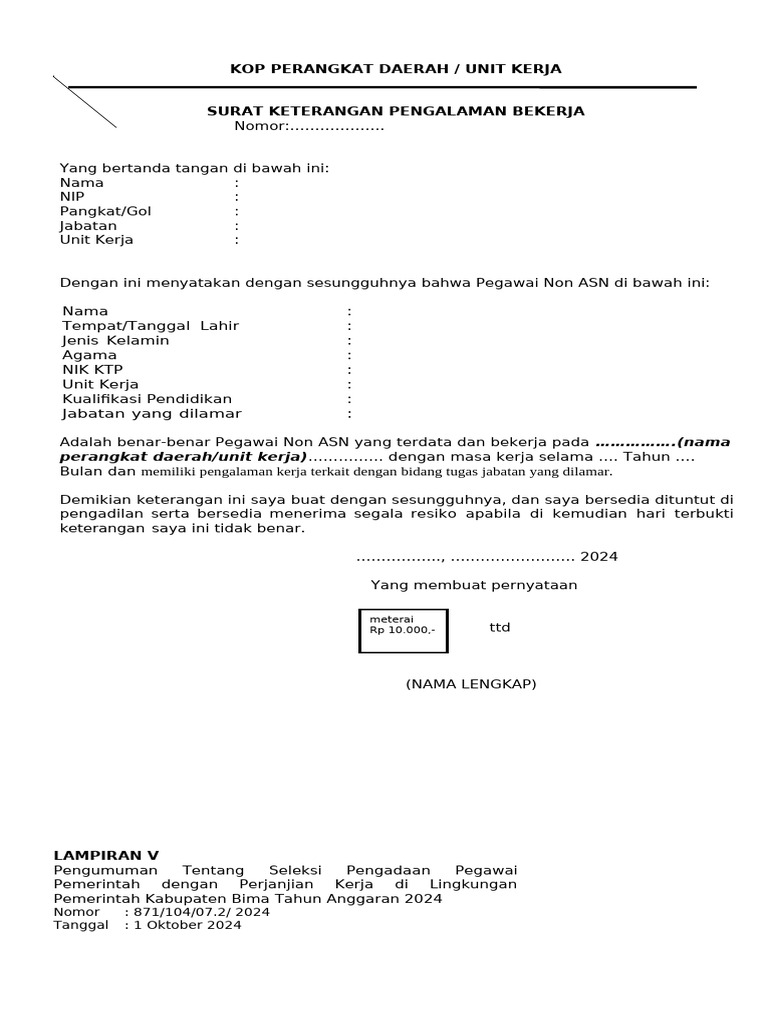 LAMPIRAN (Surat Keterangan Pengalaman Kerja) PENGUMUMAN LOWONGAN FORMASI PPPK | PDF
