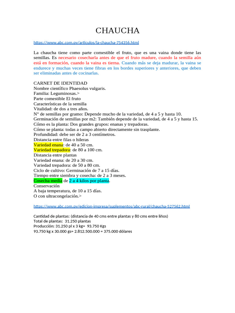Cultivo y Producción de Chauchas | PDF