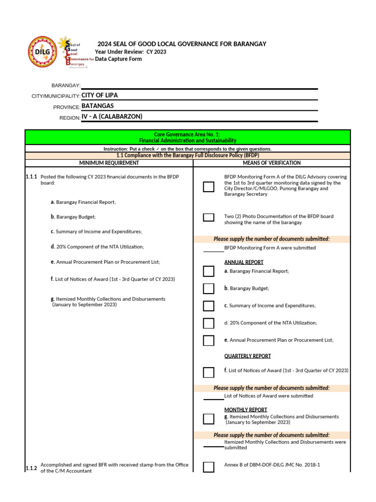2024 SGLGB Data Capture Form DCF | PDF | Emergency Management ...